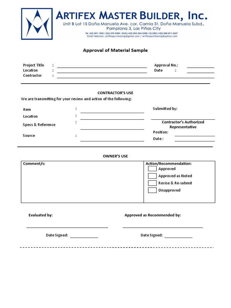 Material Sample Approval Form Template | PDF