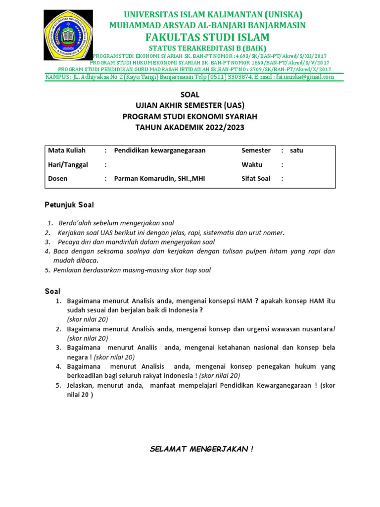 Soal UAS Pendidikan Kewarganegaraan | PDF | Karier & Perkembangan