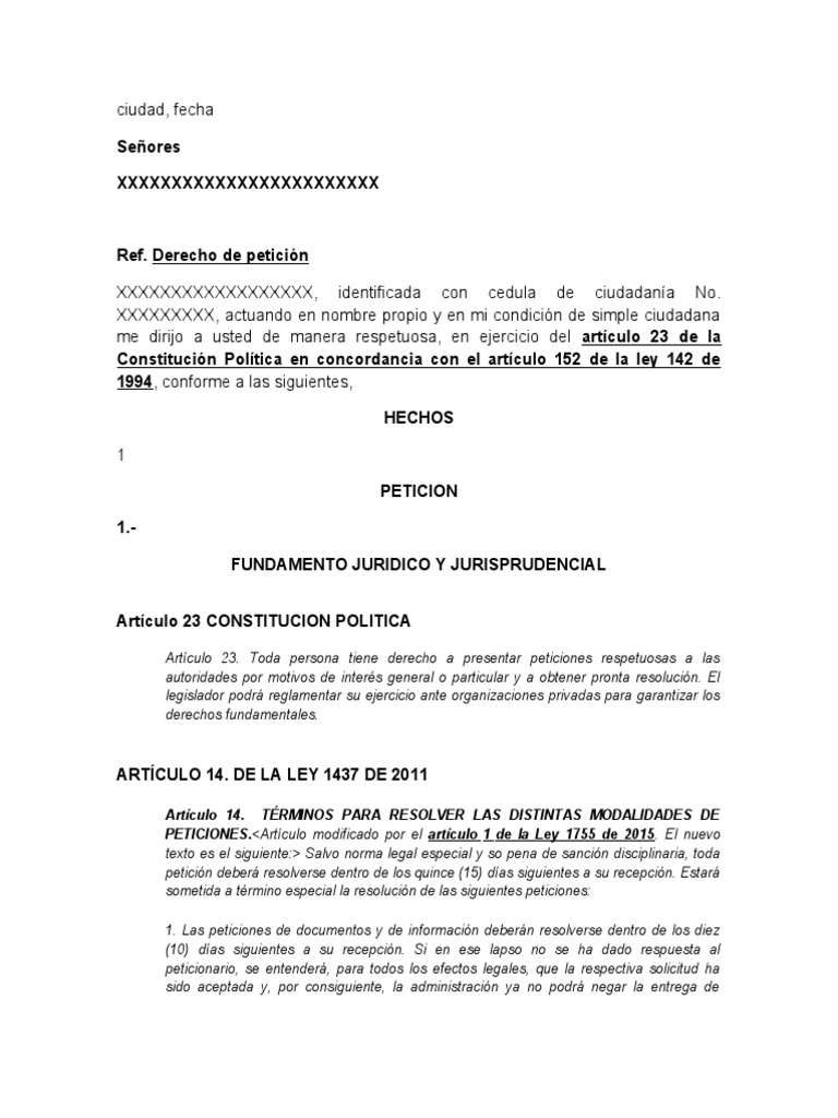 Modelo de Derecho de Peticion para Servicios Publicos en Word | PDF ...