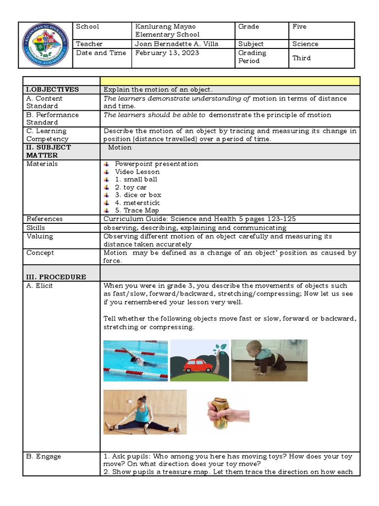 The Learners Demonstrate Understanding of Motion in Terms of Distance ...