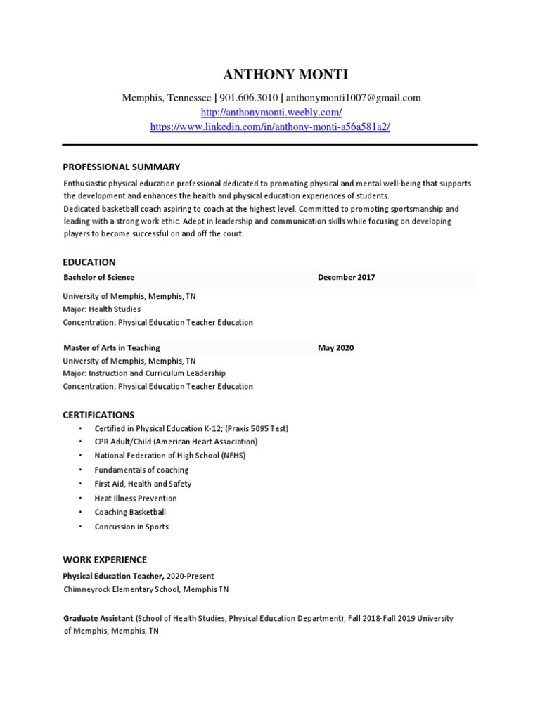Anthony Monti Resume 3 | PDF | Physical Education | Teachers