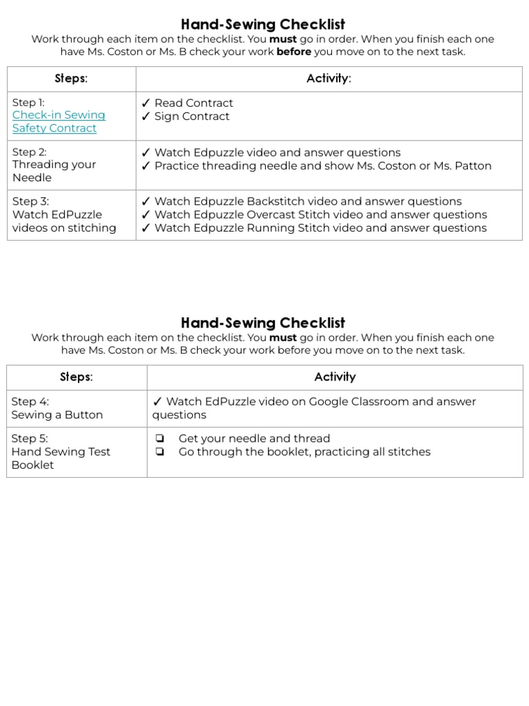 Checklist | PDF | Sewing | Textile Arts