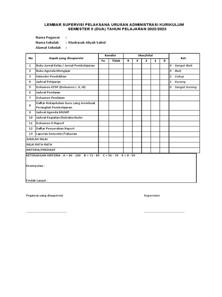 Lembar Supervisi Pelaksana Urusan Administrasi Kurikulum | PDF