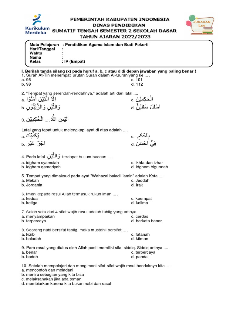 Soal PTS - STS PAI Kelas 4 Semester 2 Kurikulum Merdeka T.A 2022-2023 | PDF