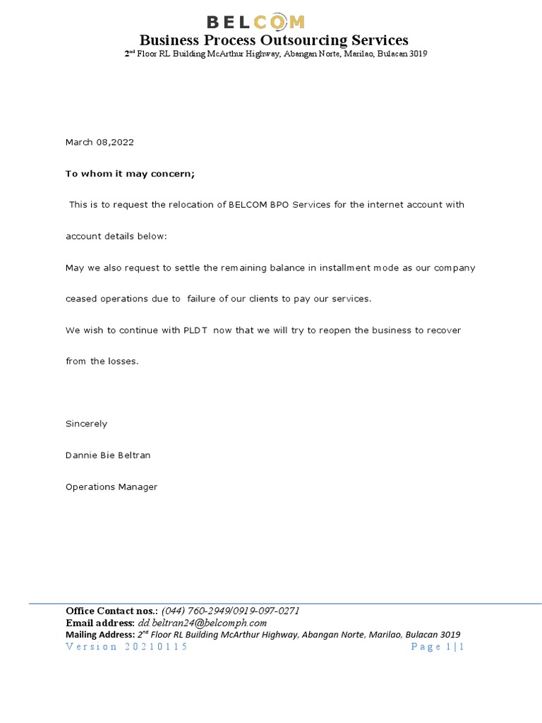 PLDT Letter Relocation | PDF