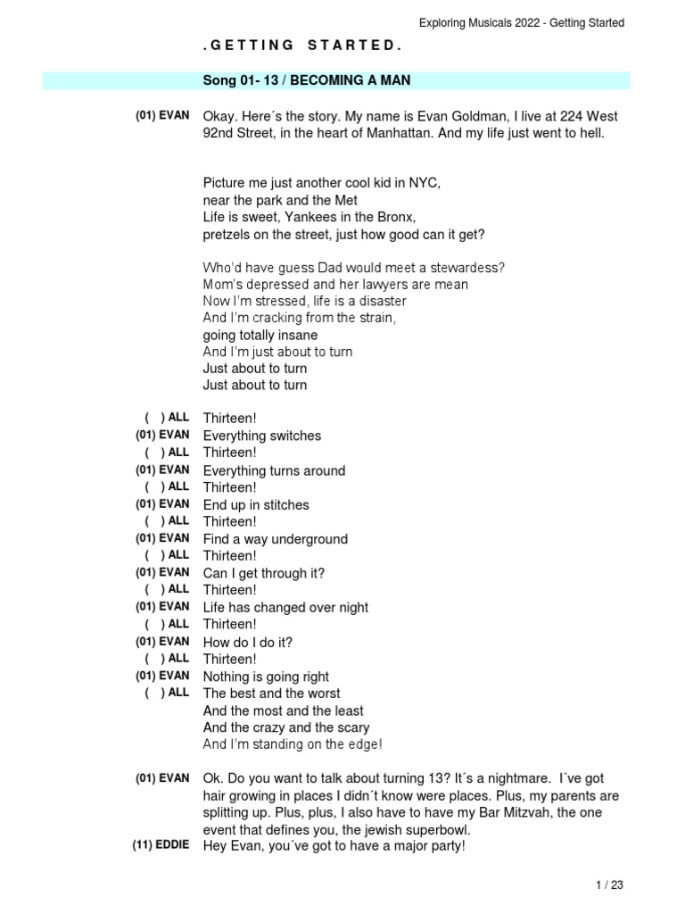 Tting Started. Song 01-13 / Becoming A Man: (01) EVAN | PDF