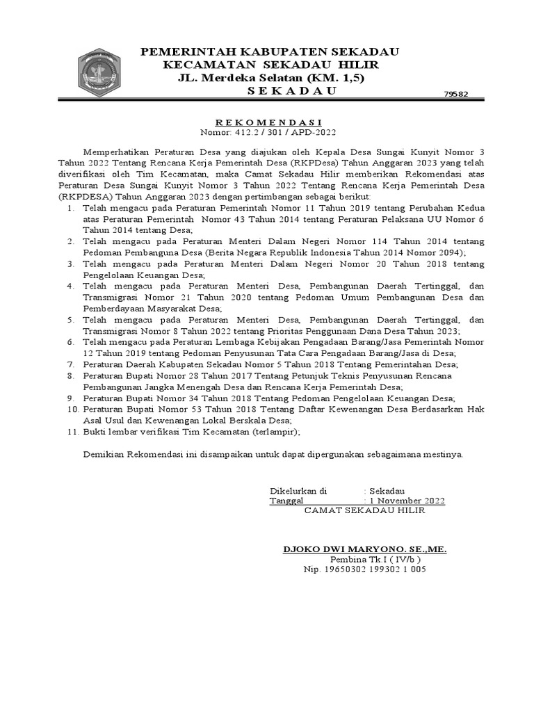 Surat Rekomendasi RKP Desa Sungai Kunyit | PDF