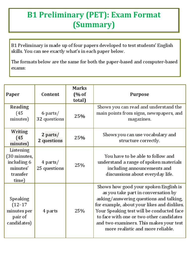 B1 Preliminary (PET) - Exam - Format | PDF