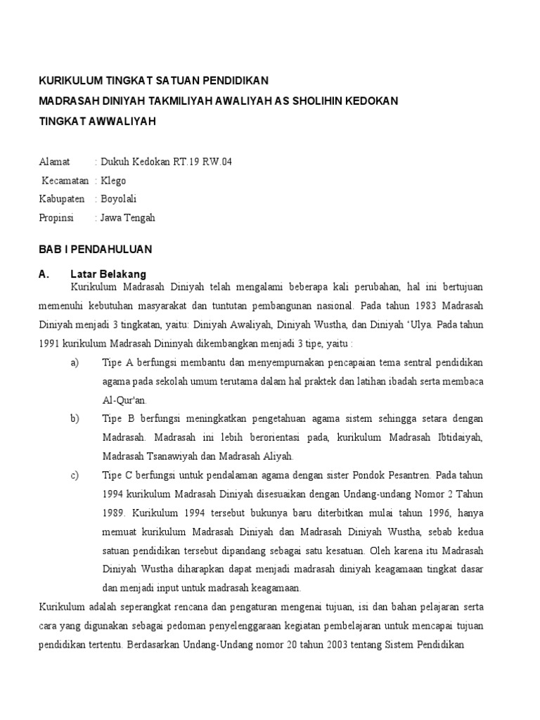 Contoh Kurikulum Diniyah Takmiliyah-Awaliyah | PDF