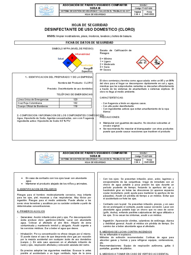 Hoja de Seguridad del Cloro Doméstico | PDF | Agua | Cloro