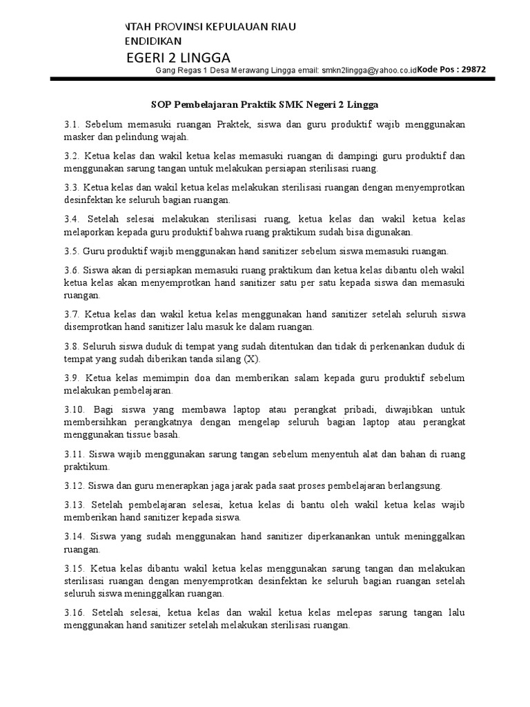 SOP Pembelajaran Praktik SMK Negeri 2 Lingga | PDF