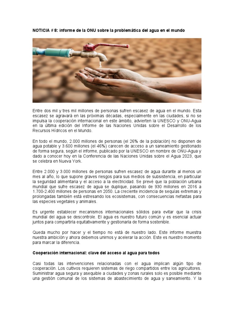 NOTICIA # 8 Informe de La ONU Sobre La Problemática Del Agua en El Mundo | PDF | Agua | Escasez ...