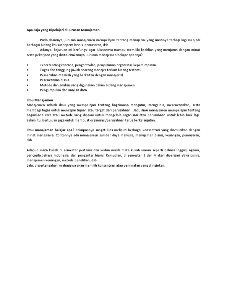 Apa Saja Yang Dipelajari Di Jurusan Manajemen | PDF | Karier & Perkembangan