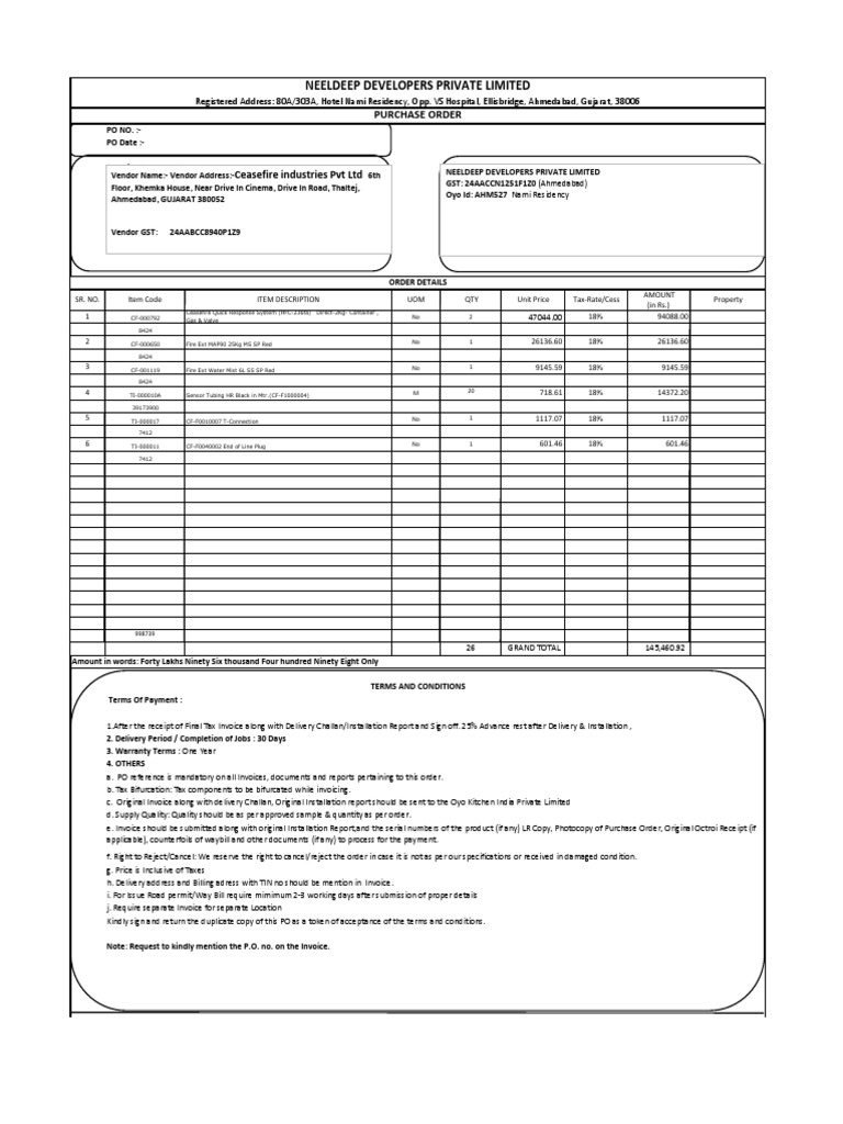Neeldeep Developers Private Limited: Purchase Order | PDF | Invoice