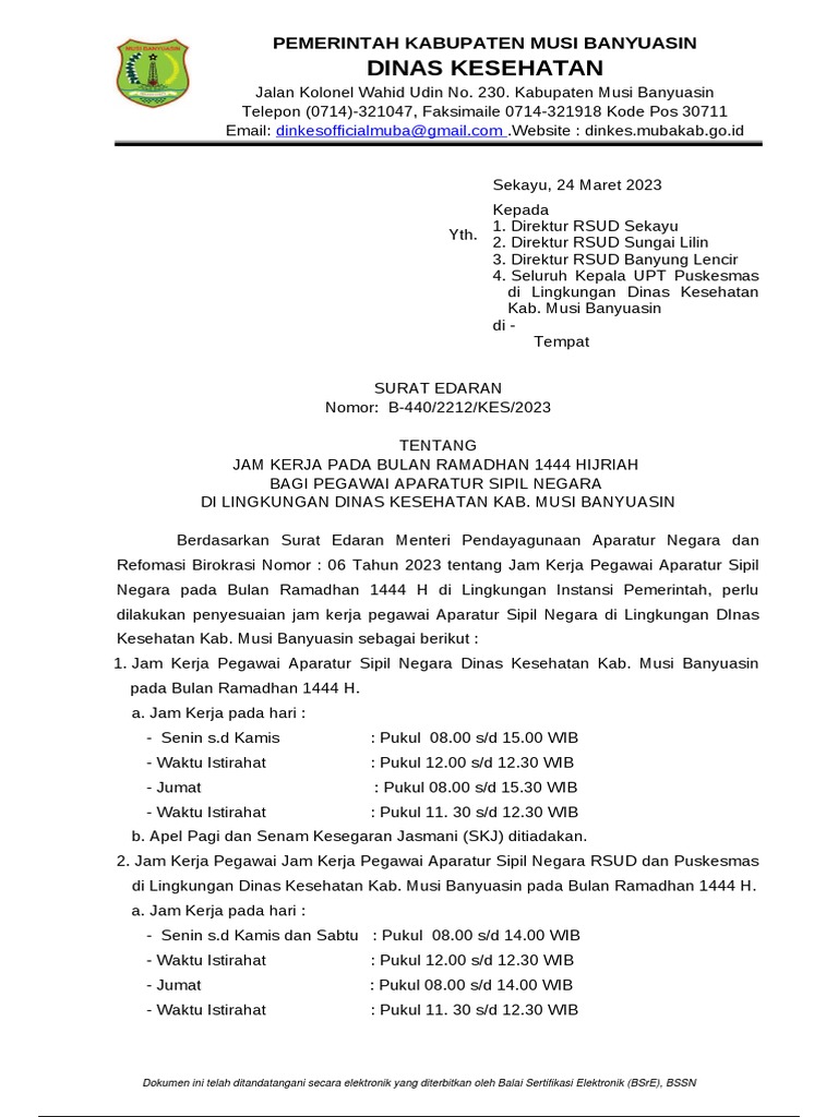 Jam Kerja Pada Bulan Ramadhan 1444 Hijriah | PDF