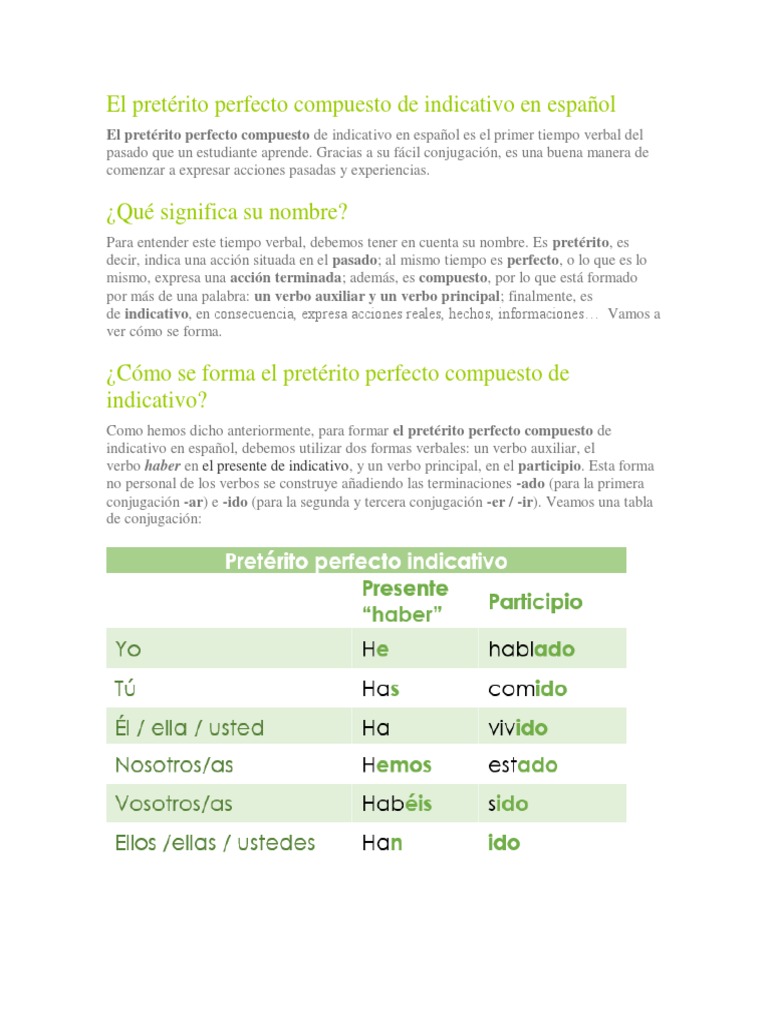 El Pretérito Perfecto Compuesto de Indicativo en Español | PDF | Verbo ...