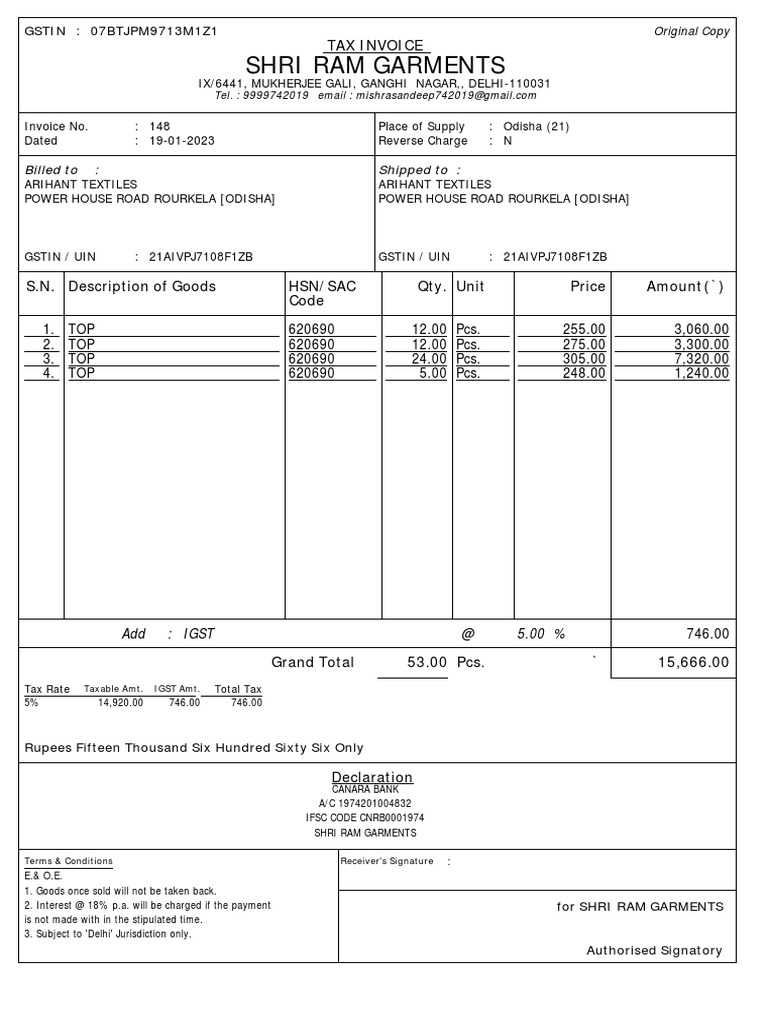 Shri Ram Garments: Tax Invoice | PDF | Government Finances | Services (Economics)