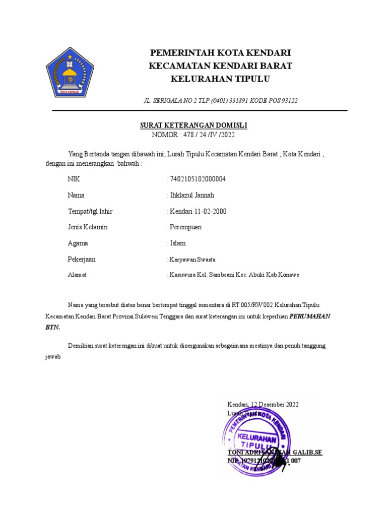 Pemerintah Kota Kendari Kecamatan Kendari Barat Kelurahan Tipulu | PDF