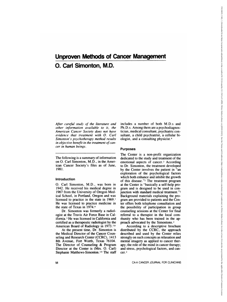 CA A Cancer J Clinicians - January February 1982 - Unproven Methods of ...