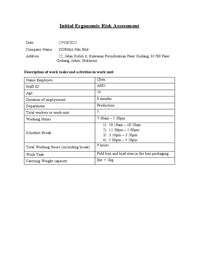 Initial Ergonomic Risk Assessment Report | PDF | Anatomical Terms Of Motion