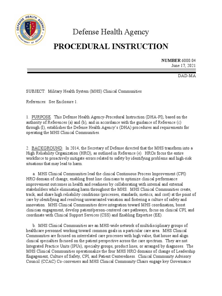 Procedural Instruction: Defense Health Agency | PDF | Evidence Based ...