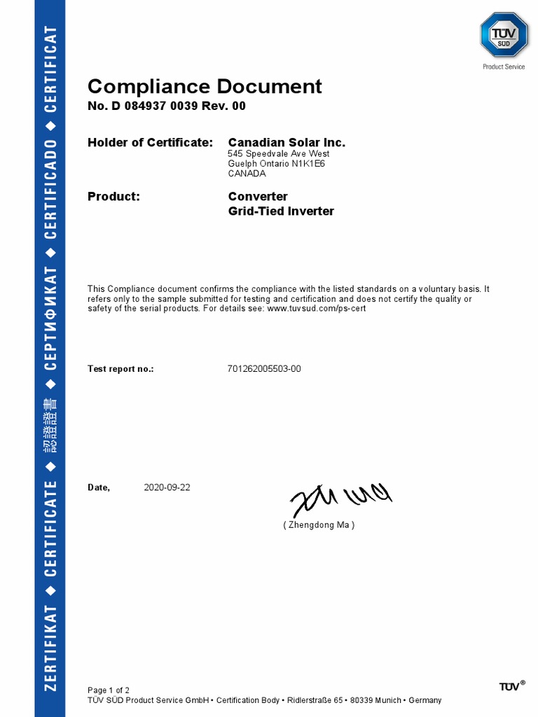 CS - Certificate - CSI 125KTL GI E - IEC 61727 - IEC 62116 | PDF | Alternating Current | Mains ...