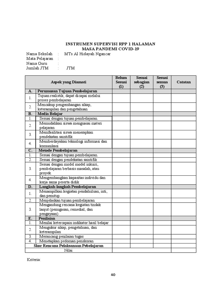 Instrumen Supervisi RPP 1 Lembar Daring Covid-19 | PDF
