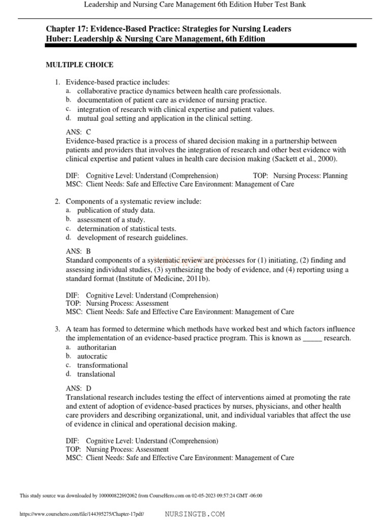 Chapter 17: Evidence-Based Practice: Strategies For Nursing Leaders ...