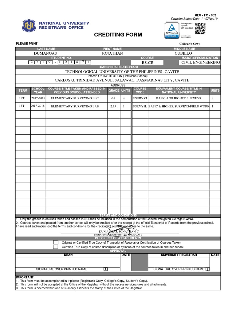 DUMANGAS - 2019-101471 - Crediting Form | PDF | Academia