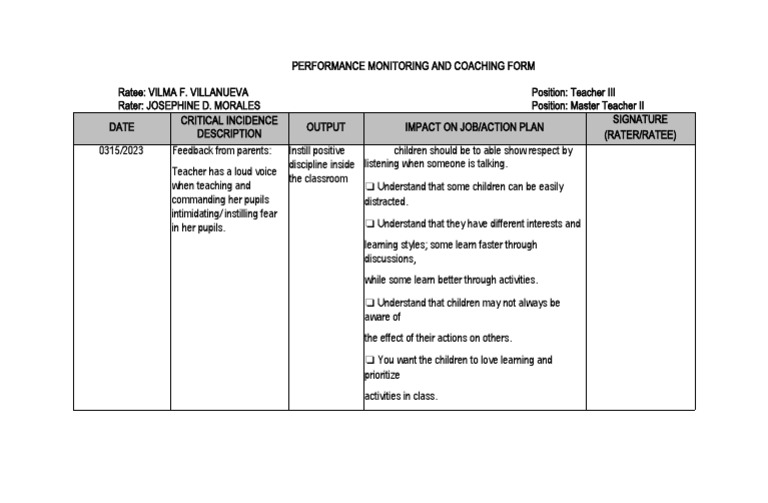 2023 Performance Monitoring and Coaching Form Vilma | PDF