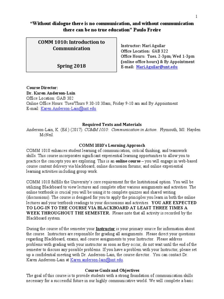 Spring 2018 COMM 1010 Online Syllabus Mari-2 | PDF | Academic ...