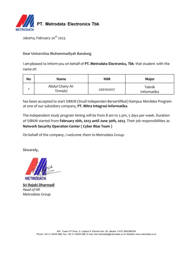 PT. Metrodata Electronics TBK: Dear Universitas Muhammadiyah Bandung | PDF