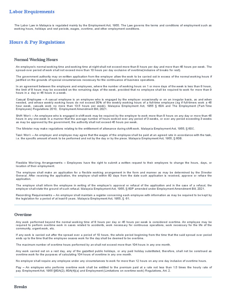 Malaysia Labor Law: Working Hours 2023 | PDF | Overtime | Employment