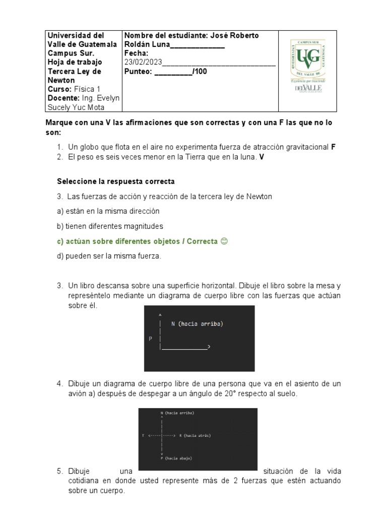Hoja De Trabajo Sobre Las Tres Leyes Del Movimiento De Newton Leyes De