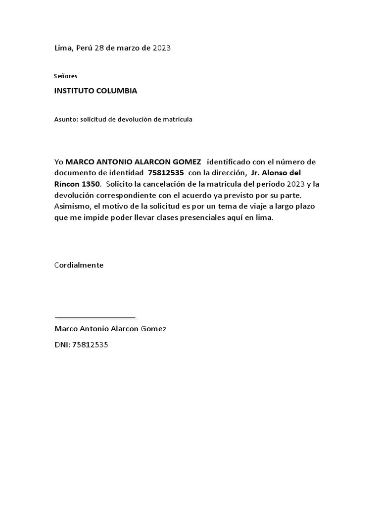 Instituto Columbia: Asunto: Solicitud de Devolución de Matricula | PDF