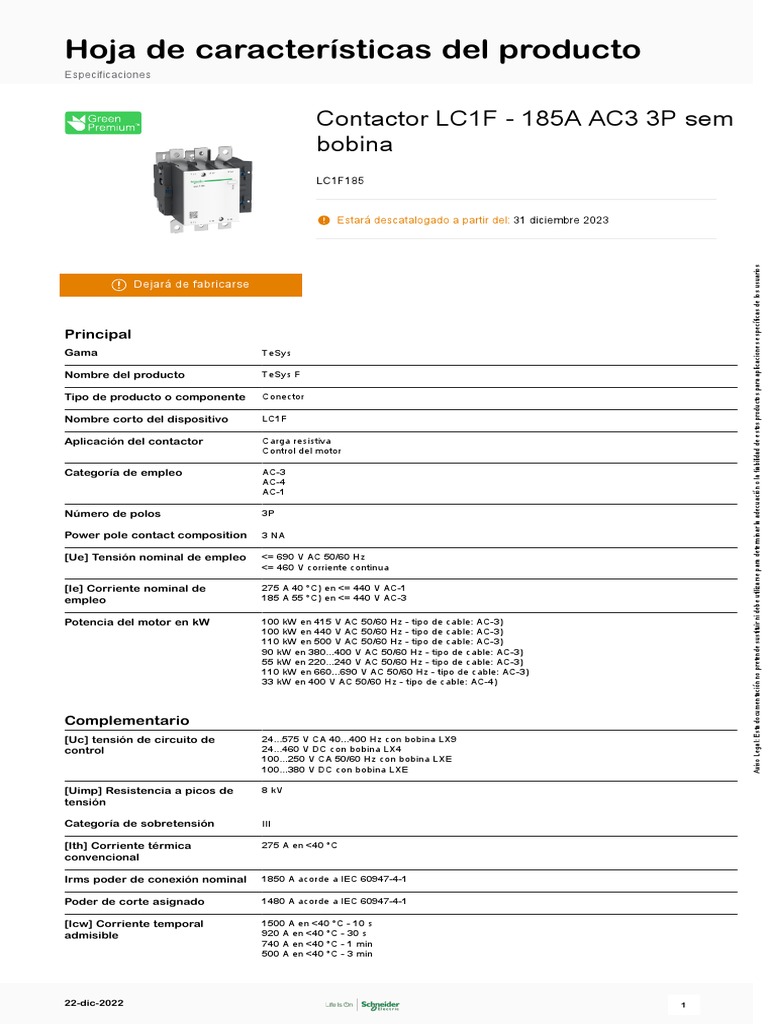 Hoja de características técnicas del contactor LC1F-185A AC3 3P ...