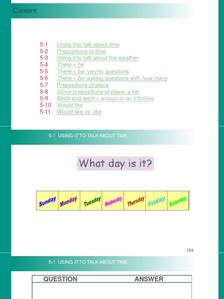 Content: Using It To Talk About Time Prepositions of Time Using It To ...