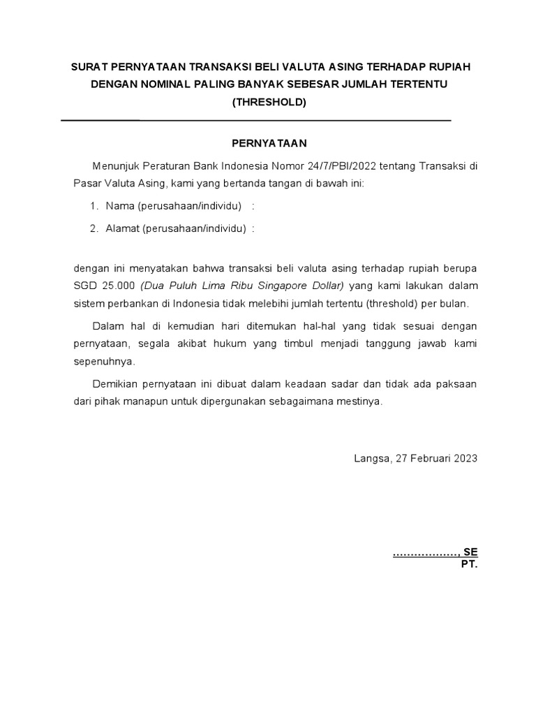 Surat Pernyataan Transaksi Valas | PDF