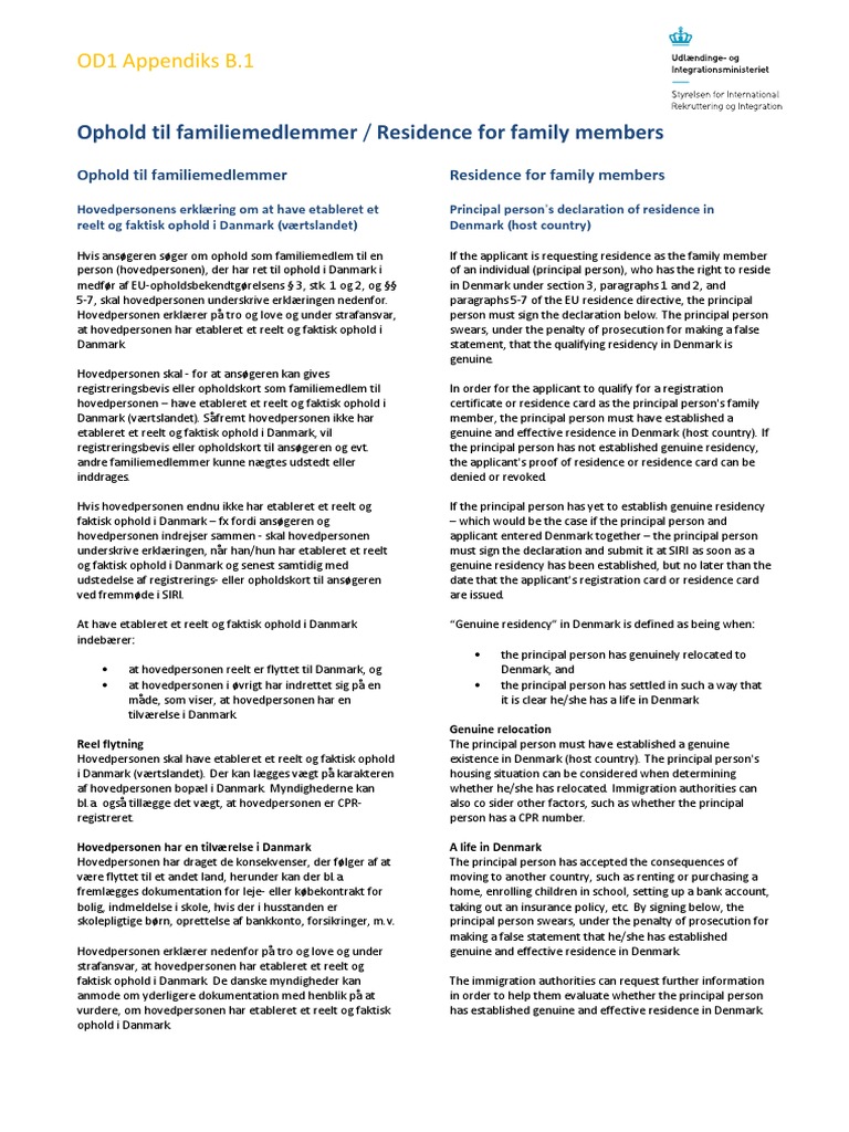 OD1 Erklaering Om Reelt Og Faktisk Ophold 14052020 | PDF