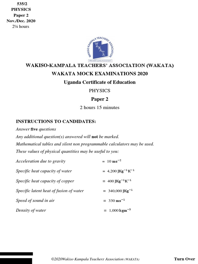 Wakata Mock UCE Phy 2 | PDF | Liquids | Waves