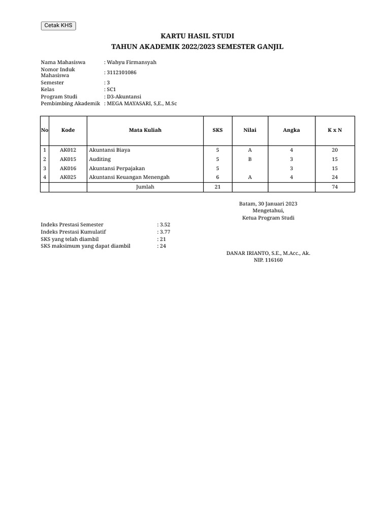Kartu Hasil Studi Tahun Akademik 2022/2023 Semester Ganjil: Cetak KHS | PDF