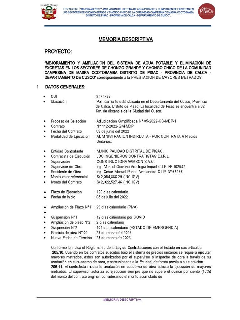 Memoria Descriptiva Mayores Metrados | PDF | Tubería (transporte de fluidos) | Alcantarillado