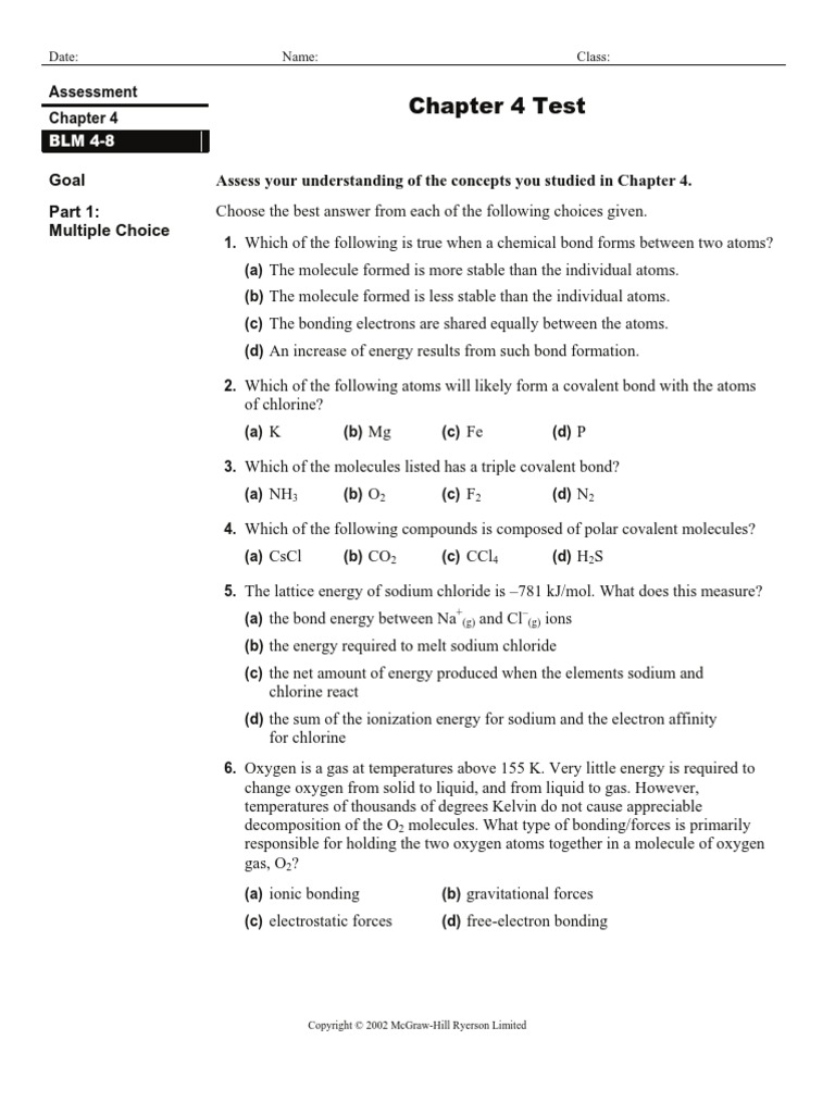 Chapter 4 Practice Test 4u1 Pdf Chemical Bond Chemical Polarity