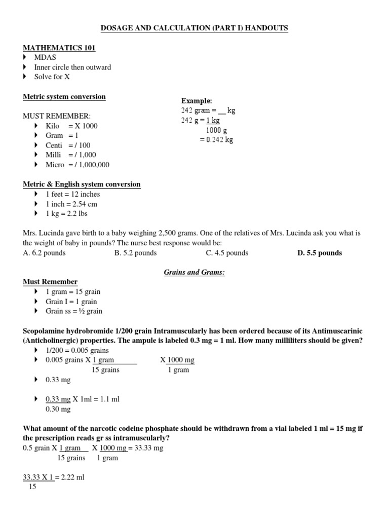 CALCUALTION | PDF | Grain (Unit) | Dose (Biochemistry)