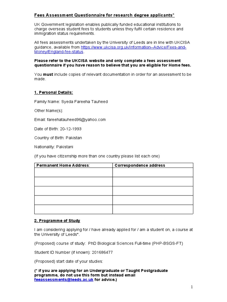 Fees Assessment Form | PDF