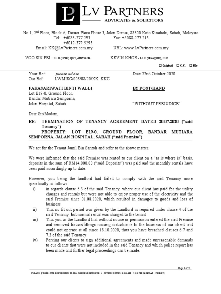 Letter to terminate tenancy and demand | PDF | Leasehold Estate | Landlord