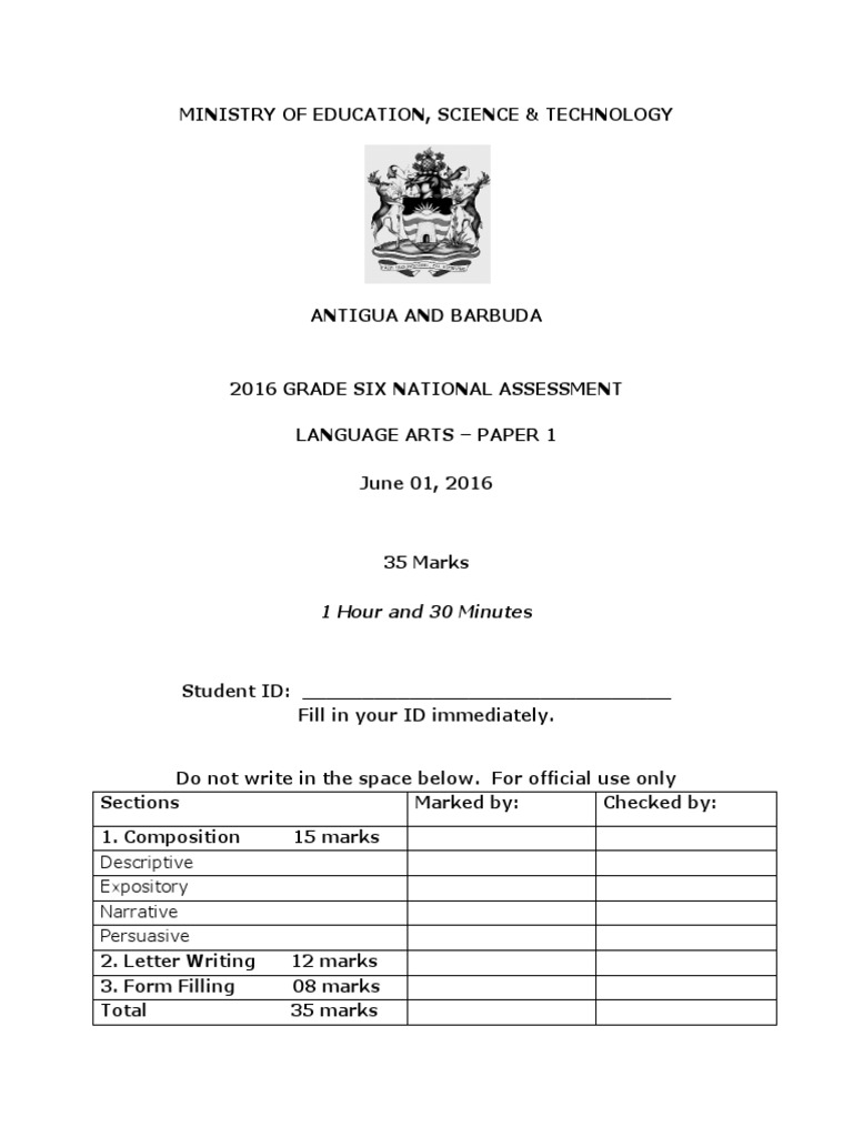 2016 G6NA Language Arts Paper 1 | PDF