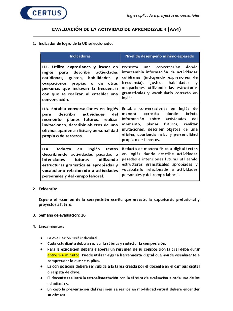 Lineamientos Evaluacin AA4 | PDF | Idioma en Inglés | Evaluación