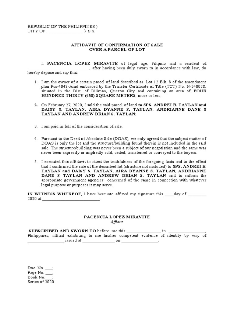 Affidavit With Confirmation of Sale | PDF