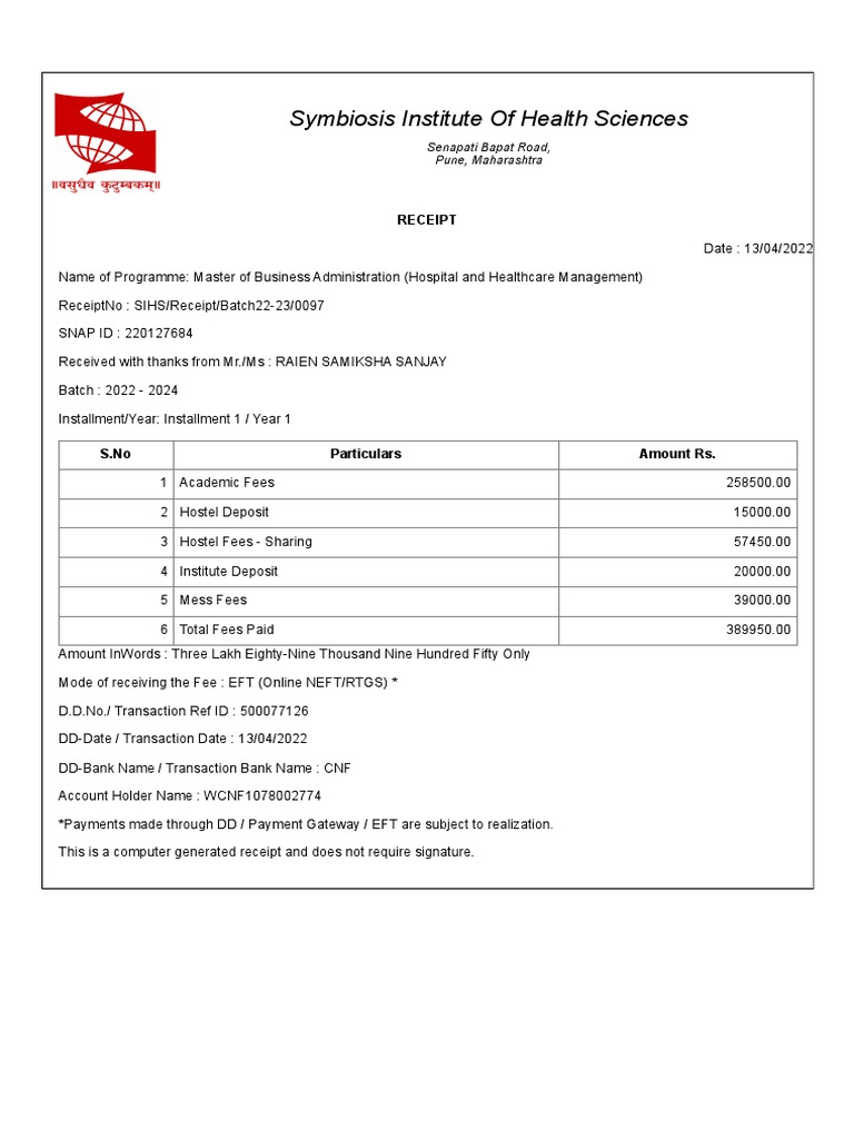 Symbiosis Institute of Health Sciences: Receipt | PDF